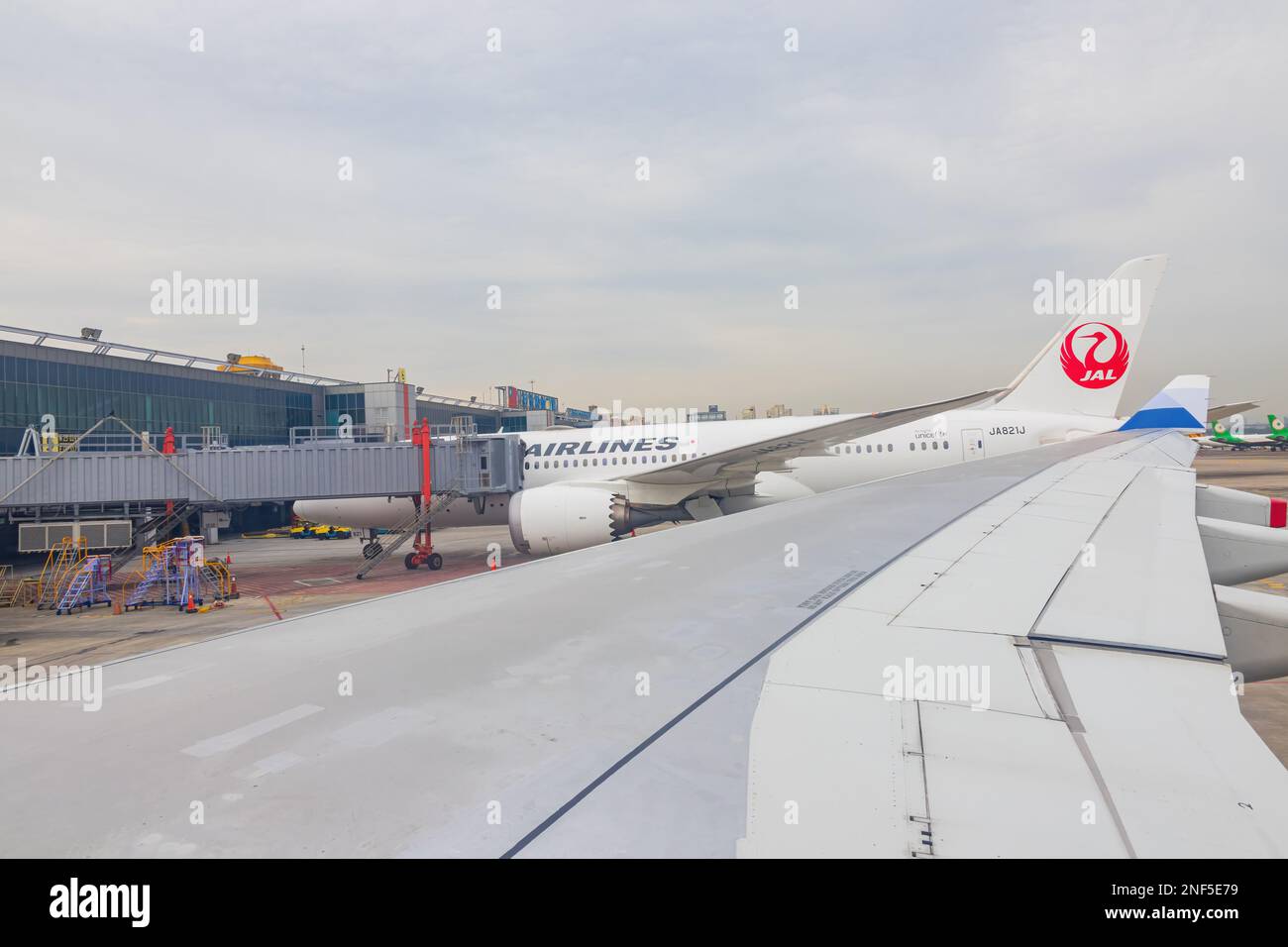 Texas, JAN 9, 2023 - Overcast view of Japan airlines airplane parked at ...