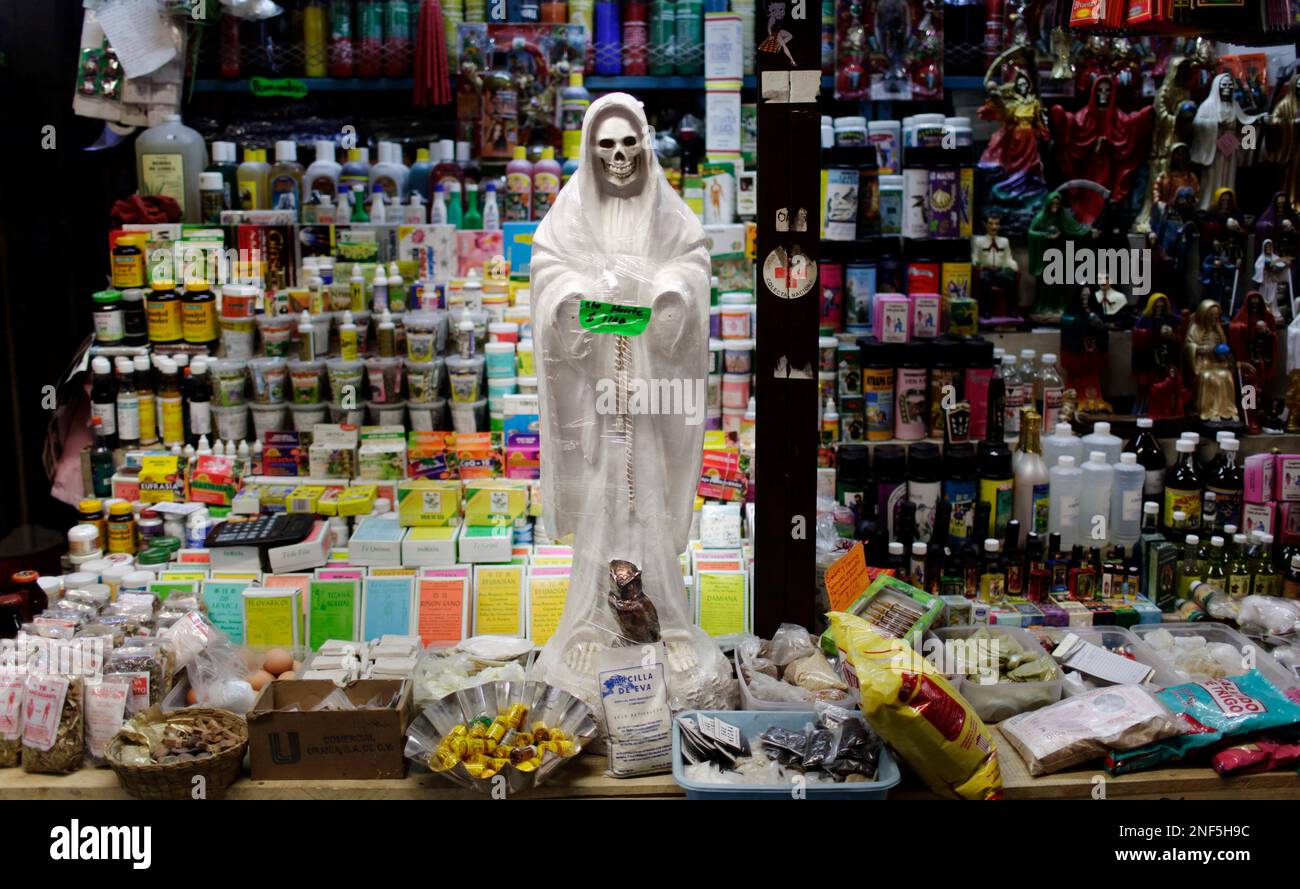 A skeletal figures representing the folk saint known in Mexico as ...