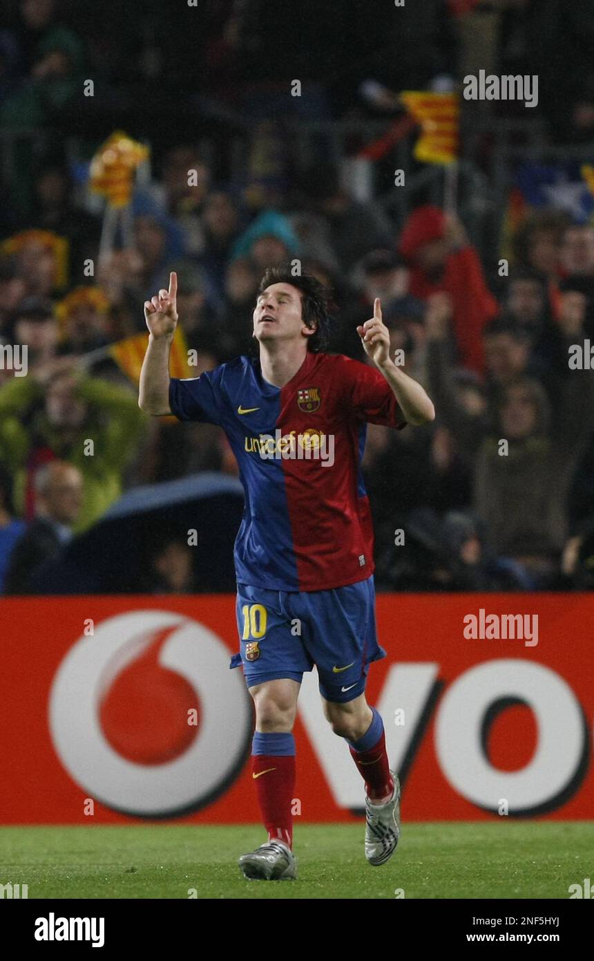 Barcelona's Lionel Messi from Argentina celebrates his first goal ...