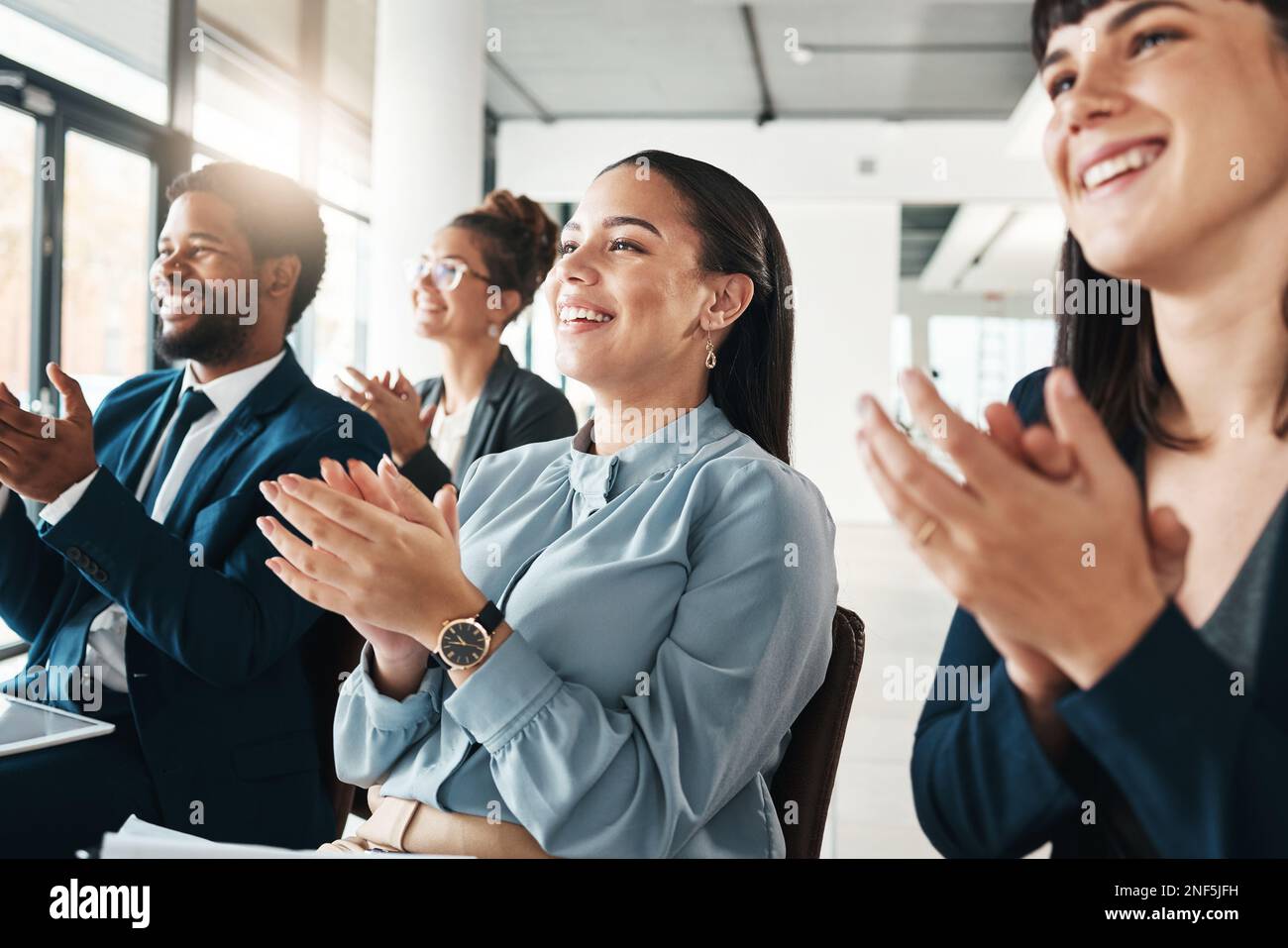 Applause, workshop and business people in meeting, conference or seminar in office. Celebration ...