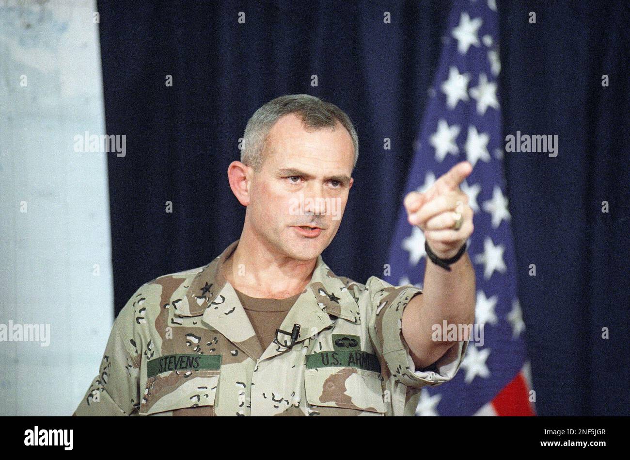 Brig. General Pat Stevens USAF during daily military briefing in Riyadh ...