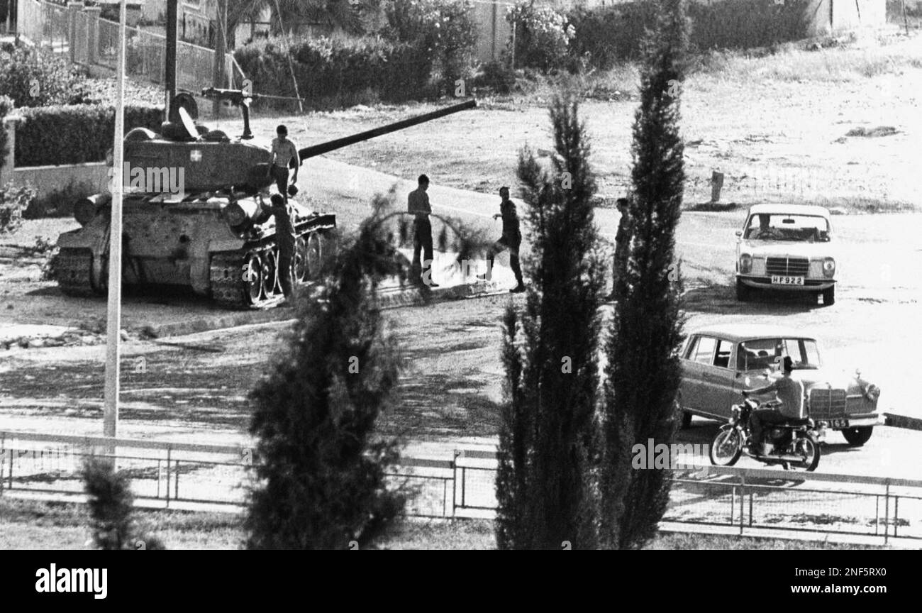 Cyprus National Guard tank guarding an intersection after the coup ...