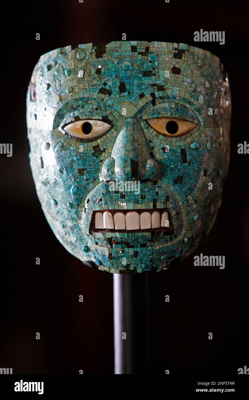 An Aztec turquoise mosaic mask from Mexico is seen on display for the ...