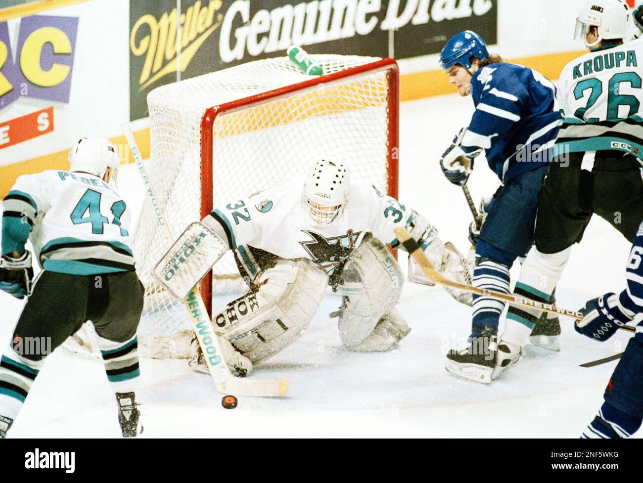 San Jose Sharks goalie Arturs Irbe blocks a shot by Toronto Maple Leafs ...