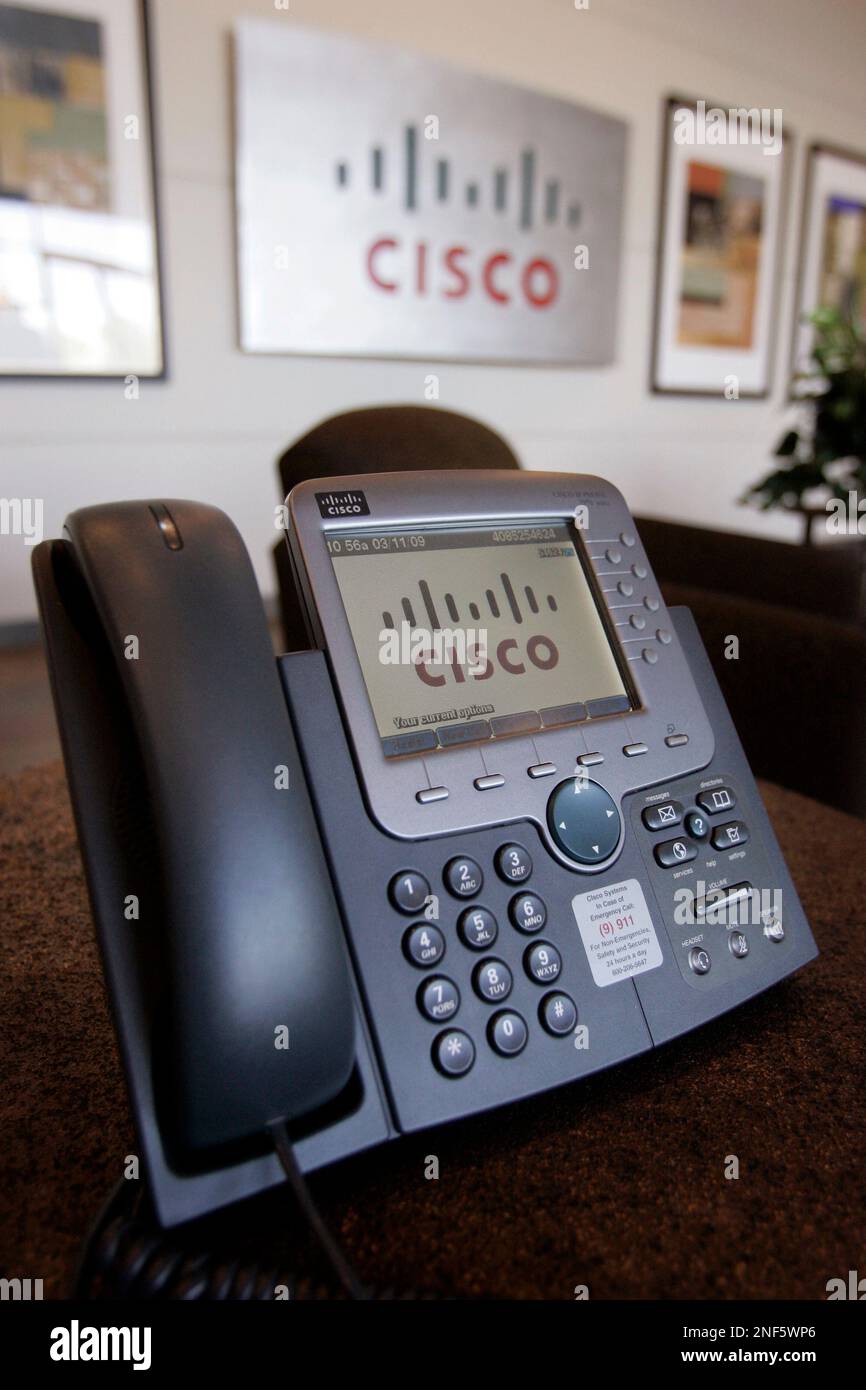 A Cisco IP phone is shown at Cisco headquarters in San Jose, Calif ...