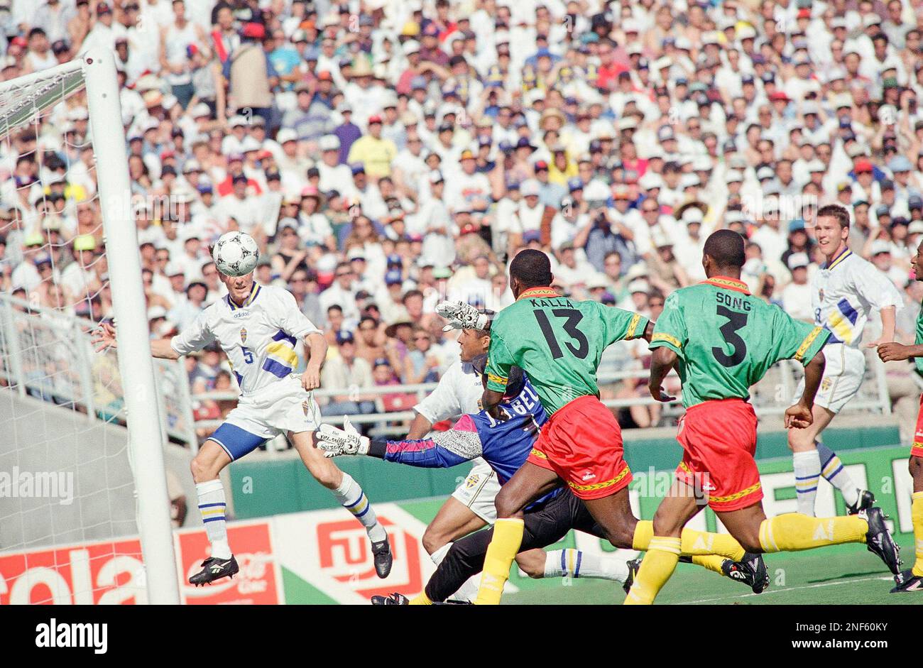 Sweden’s Roger Ljung (5) executes a header for a goal in first half of ...