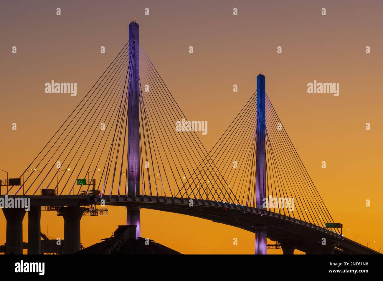 New Gerald Desmond Bridge, looking west, shown at dusk in the Port of ...
