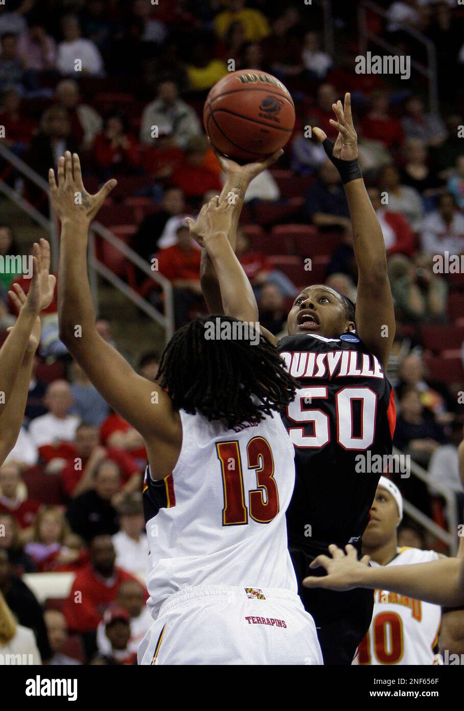 Louisville's Deseree' Byrd (50) shoots over Maryland's Demauria Liles ...