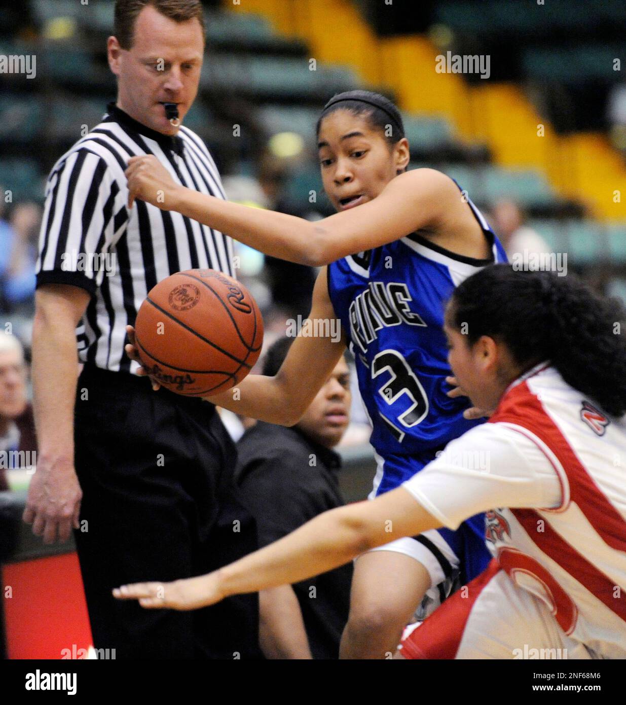 Copiague's Gabrielle Gibson, left, moves the ball against St. Michaels ...
