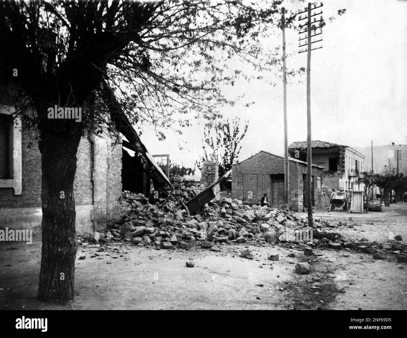 Damaged buildings in a central street in Corinth, Greece, on April 27 ...