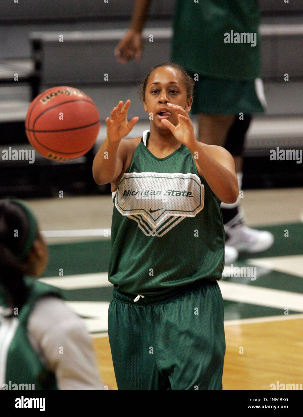 Michigan State guard Mia Johnson (21) is seen during practice in East Lansing, Mich., Saturday ...