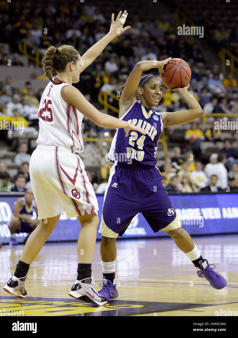 Prairie View A&M's Candice Thomas, right, looks to pass around Oklahoma ...