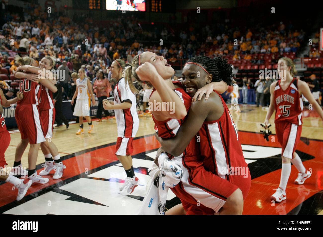 Ball State players Porchia Green, right, and Kiley Jarrett show their ...