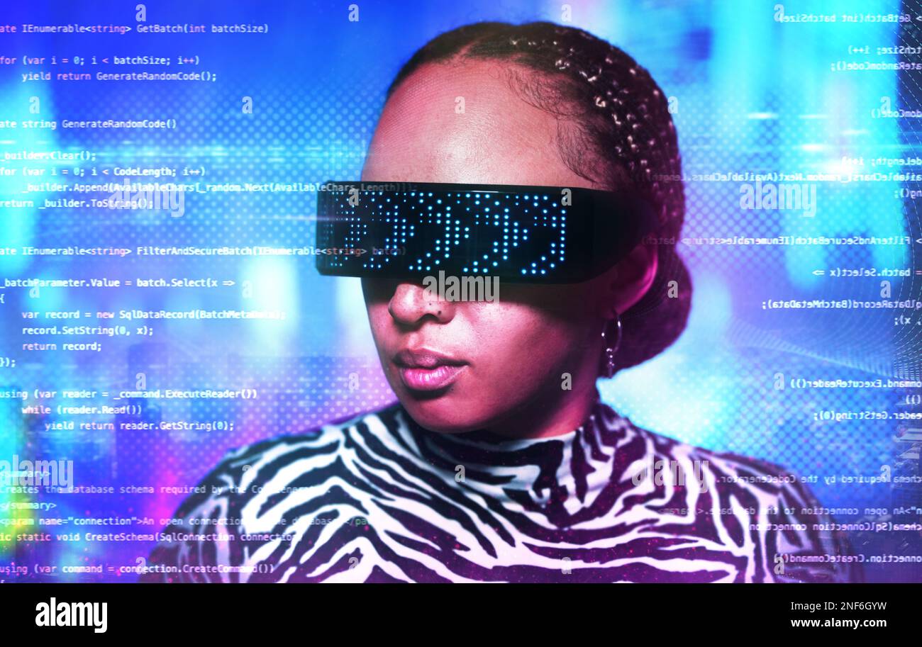 Woman, metaverse and virtual reality glasses with overlay for digital ...