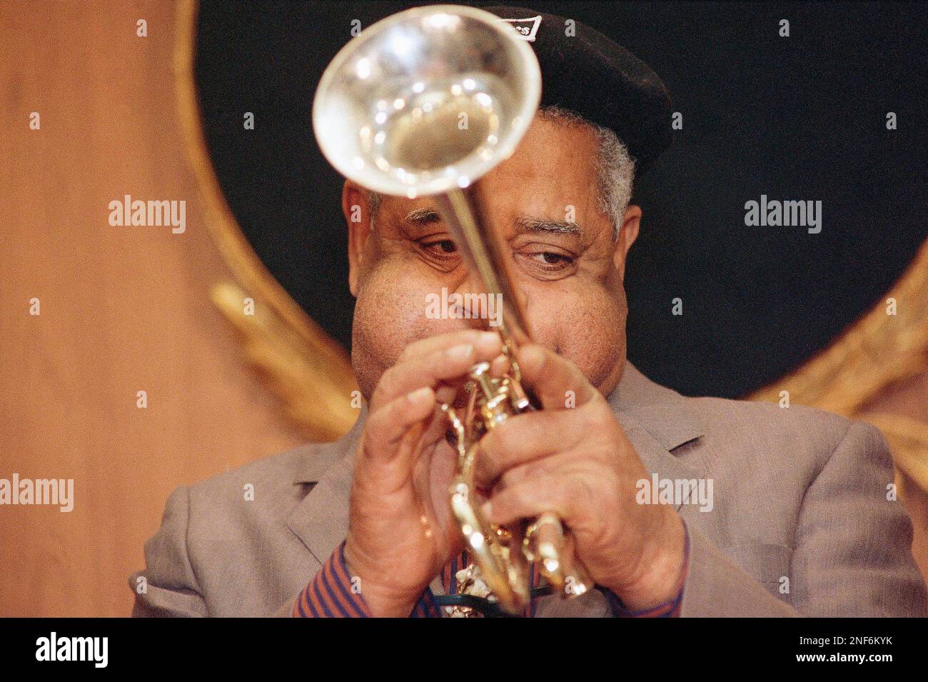 Jazz musician John Birks Dizzy Gillespie plays his King Silver Flair ...