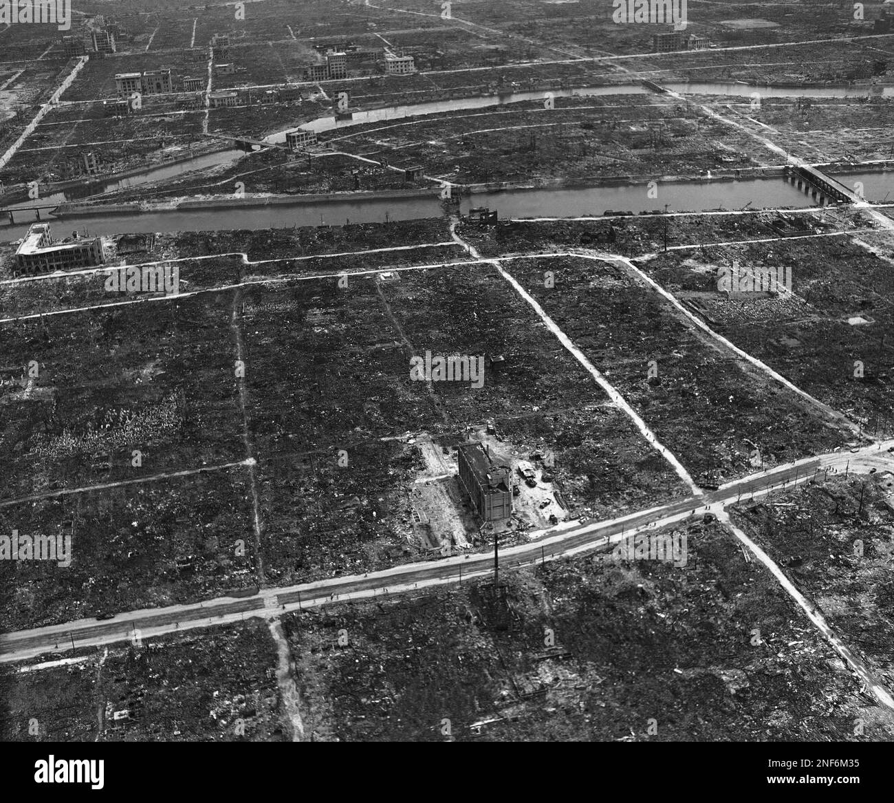 This is an aerial view of the remains of the city of Hiroshima, Japan ...