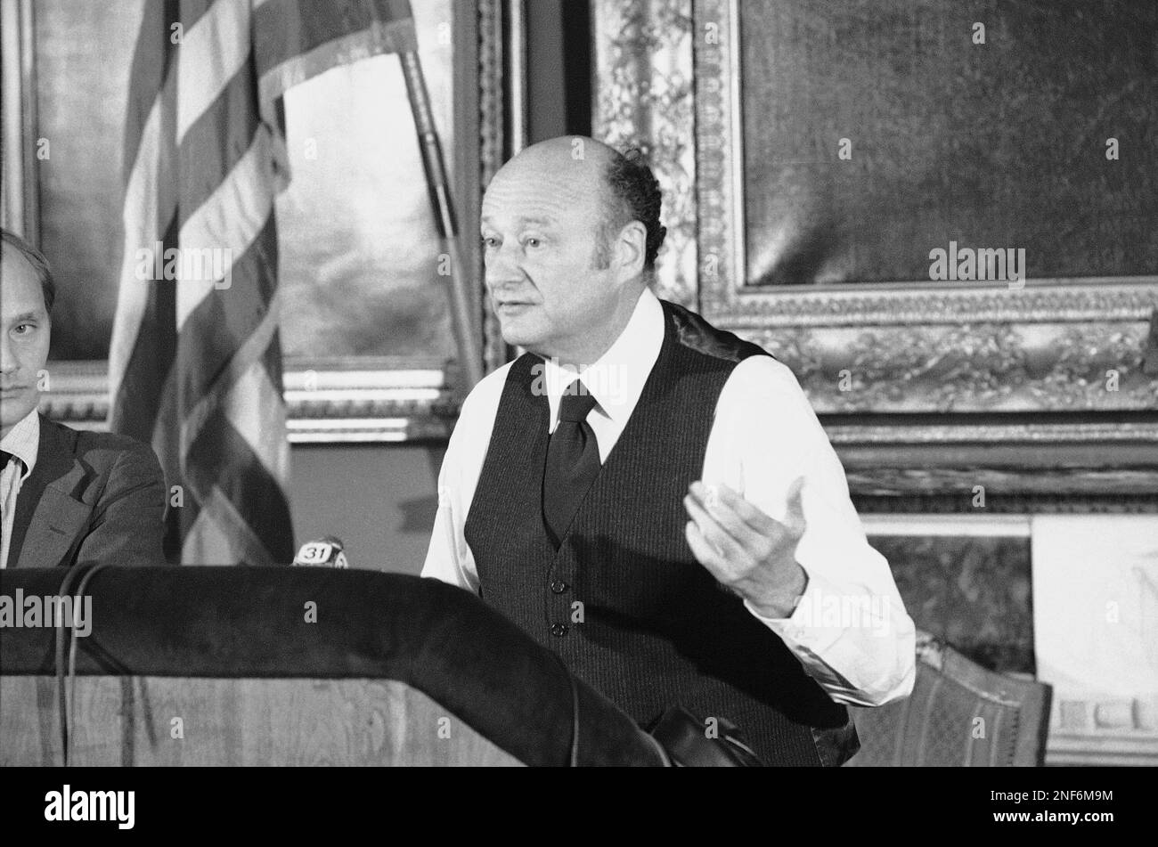 New York Mayor Edward I. Koch gestures as he talks to the press at City ...