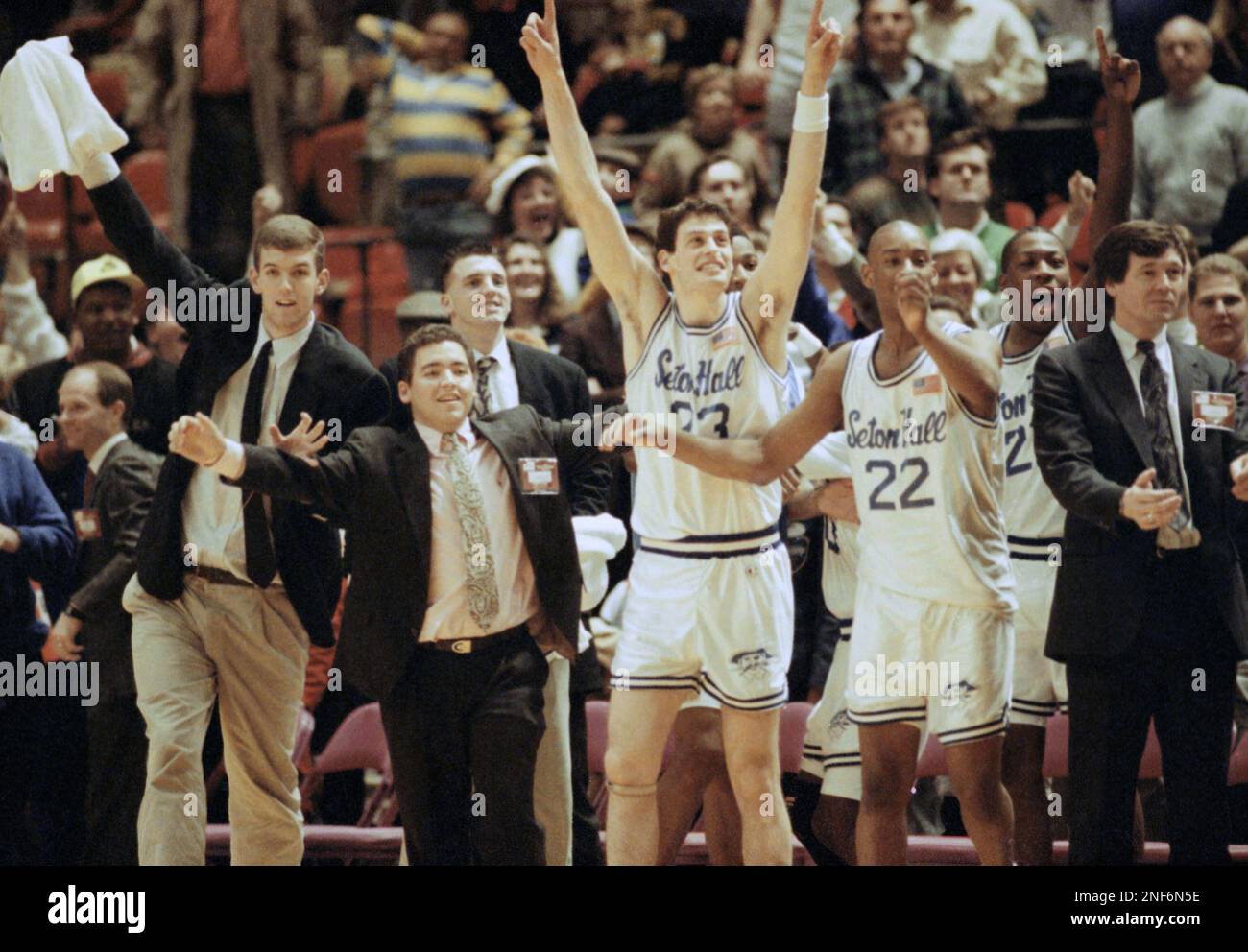 Seton Hall players Assaf Barnea (23), Gordon Winchester (22) and Jerry ...