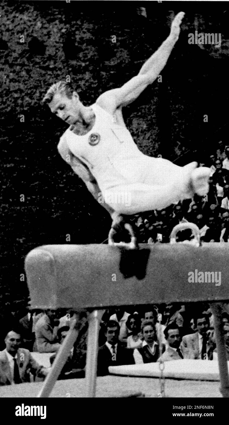 Russian gymnast Boris Shaklin is shown in action on the pommel horse ...