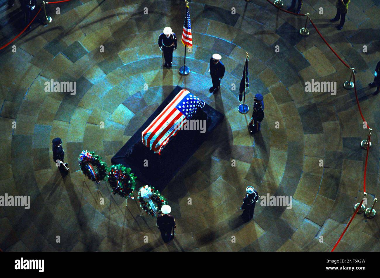The casket of former President Lyndon B. Johnson is shown in the ...