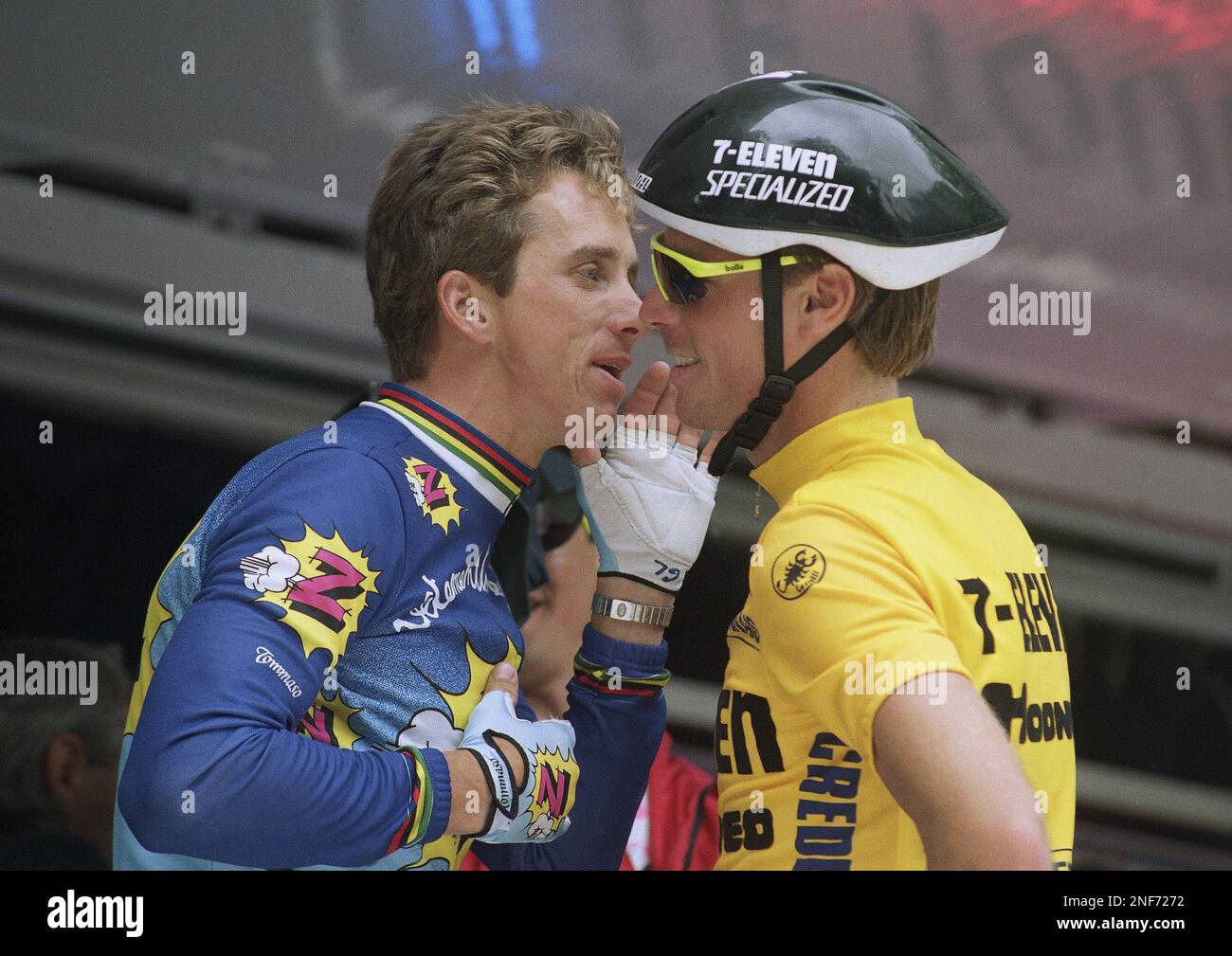 United States Greg LeMond, left, chat with Canadas Steve Bauer, overall ...