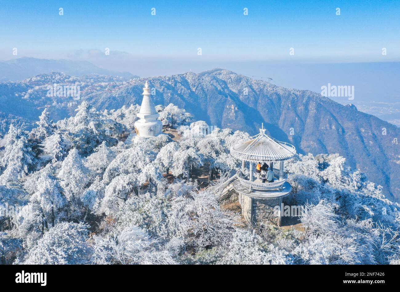 Aerial photo shows the rime scenery in Mountain Lu scenic area in ...