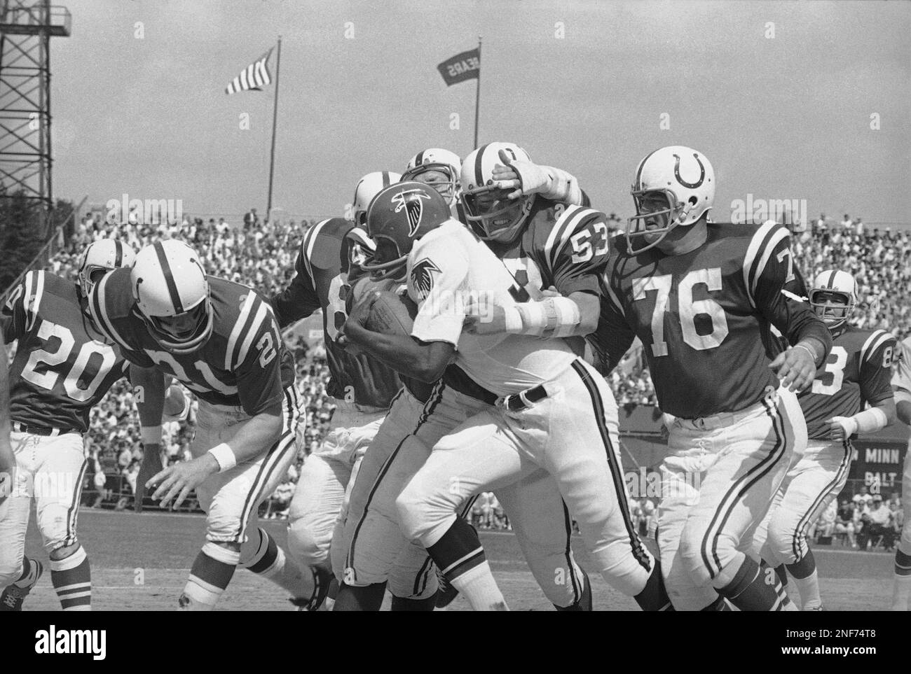 Dennis Gaubatz of the Baltimore Colts (53) gets a grip on Atlanta ...
