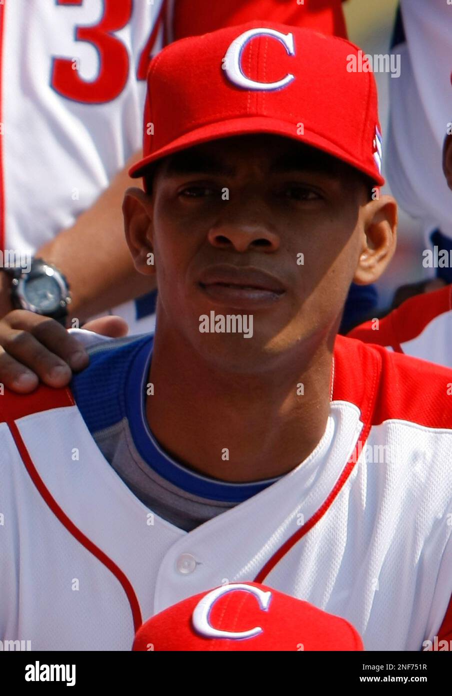 Cuba's Hector Olivera stands with teamates before playing South Africe ...