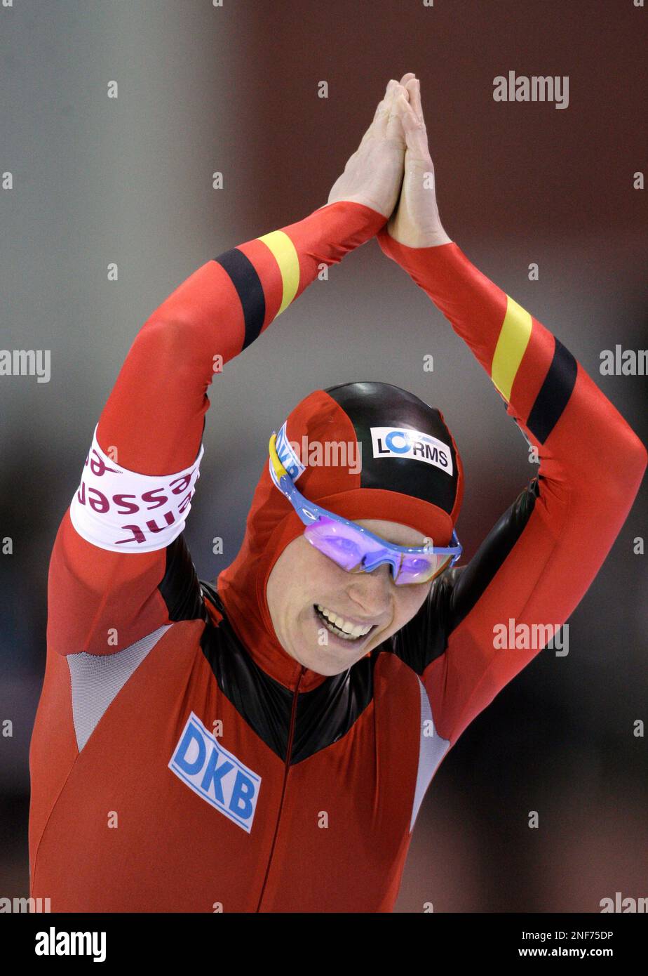 Monique Angermuller, of Germany, reacts after her heat in the women's ...