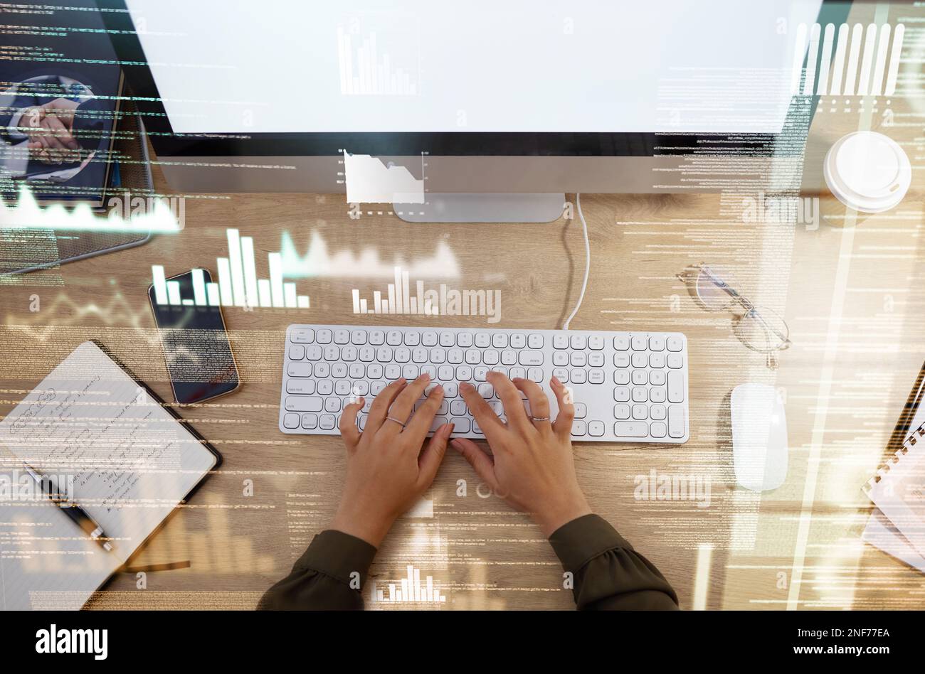 Hands on keyboard, computer overlay and business woman for typing for ...