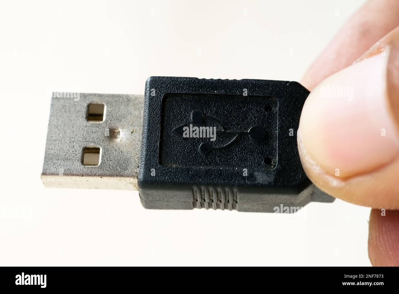 A closeup of a USB cable in a man's hand on a white background Stock ...