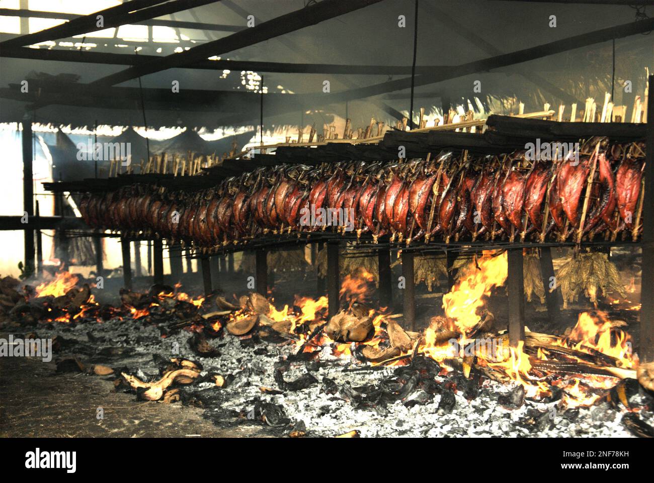 Skipjack tuna meats are smoked using coconut husks as burning fuel at a ...