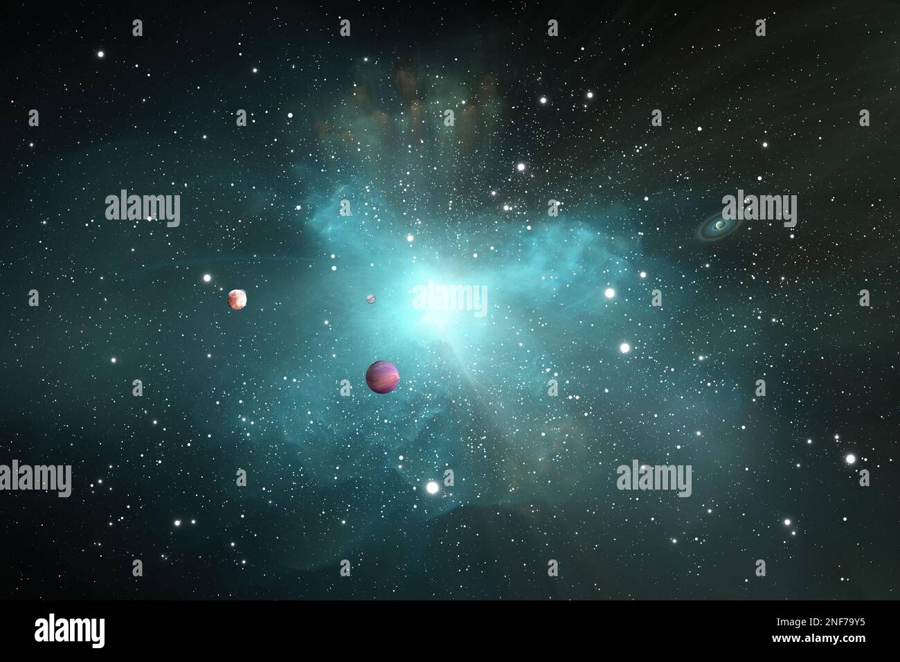 Bright supernova remnant nebula with dust and gas in interstellar space. Planets outside our ...