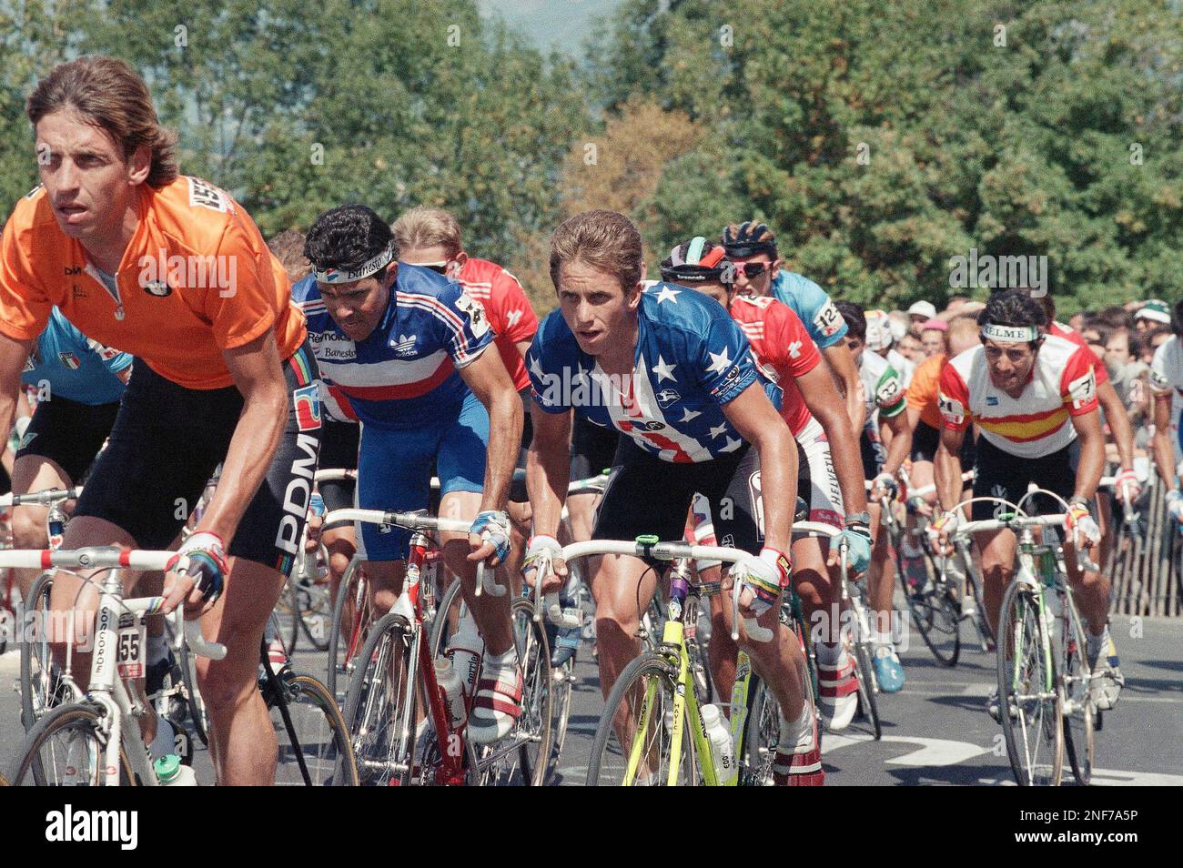 American Greg LeMond, center, makes his way through the pack during the ...