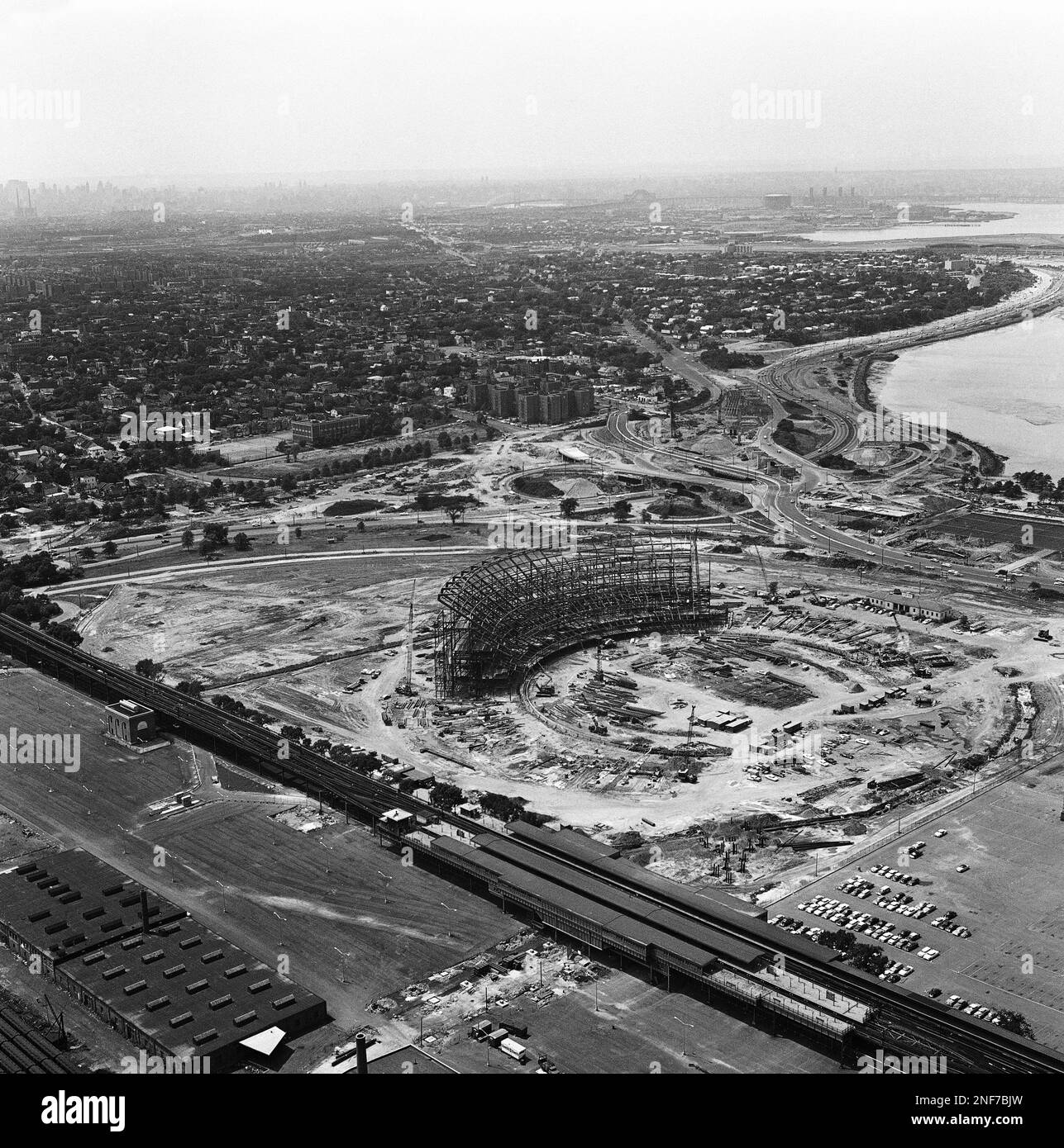 Aerial view shows construction of Shea Stadium, the new baseball ...