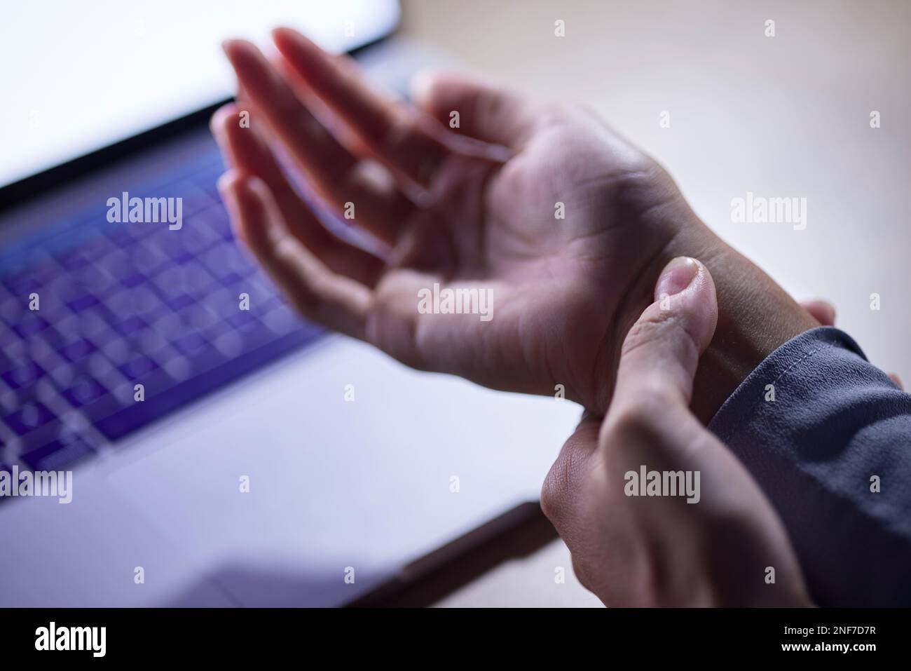 Office, wrist injury and hands with pain after accident while typing on ...