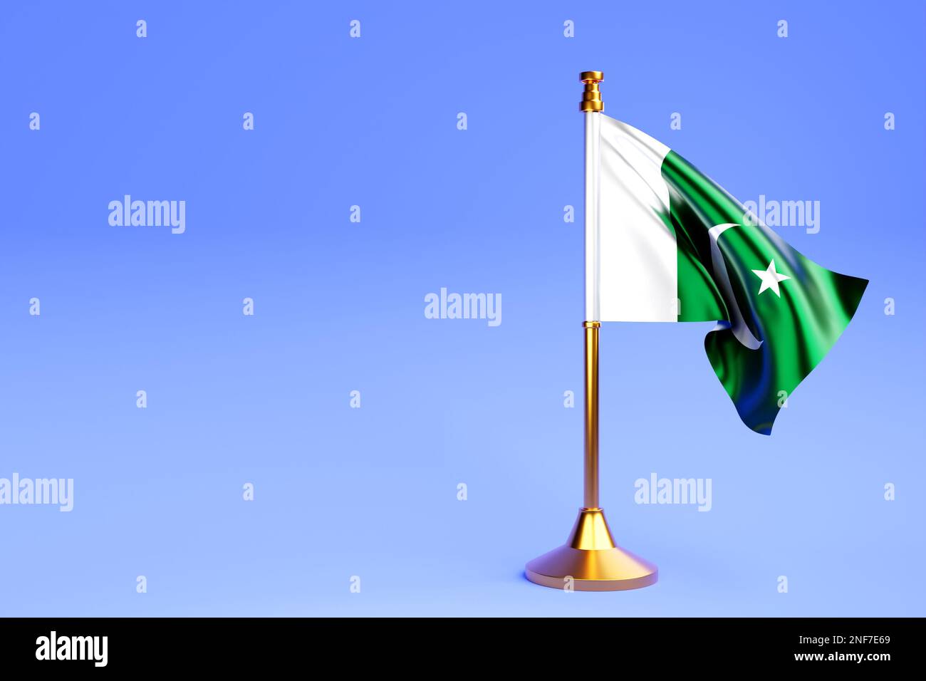 Realistic national flag of Pakistan on steel pole on blue isolated ...