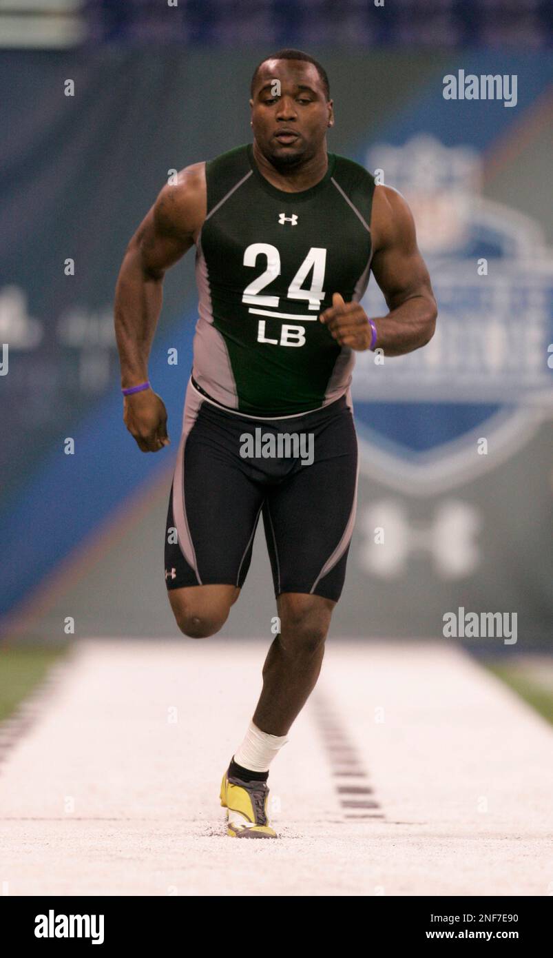 Alcorn State linebacker Lee Robinson runs a drill at the NFL football ...