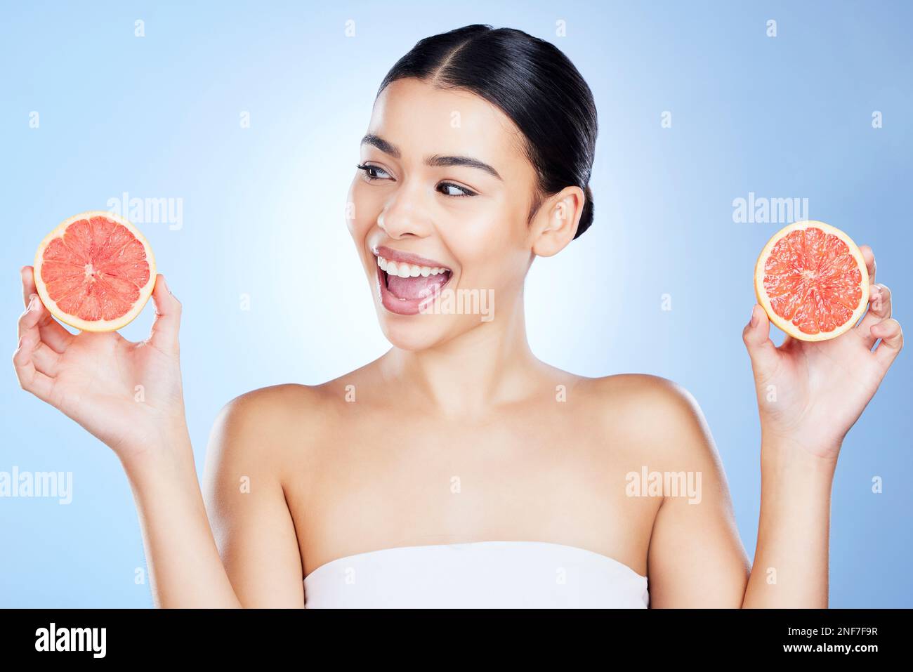 Fruit, citrus and woman beauty and health with grapefruit for skincare ...