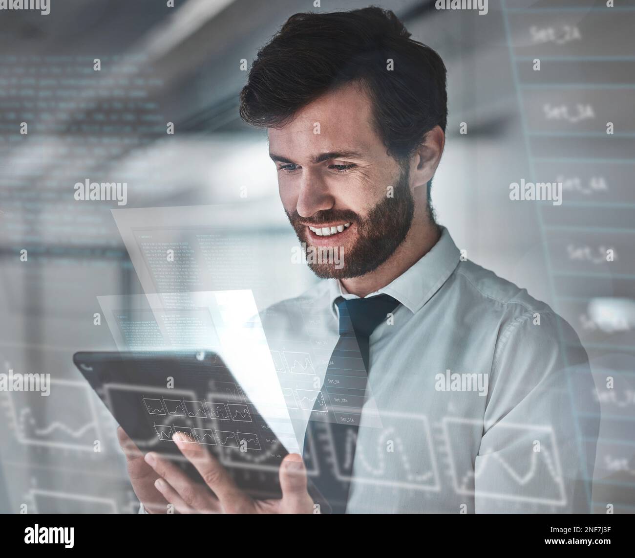 Research, tablet data overlay and graph of business man with fintech ...