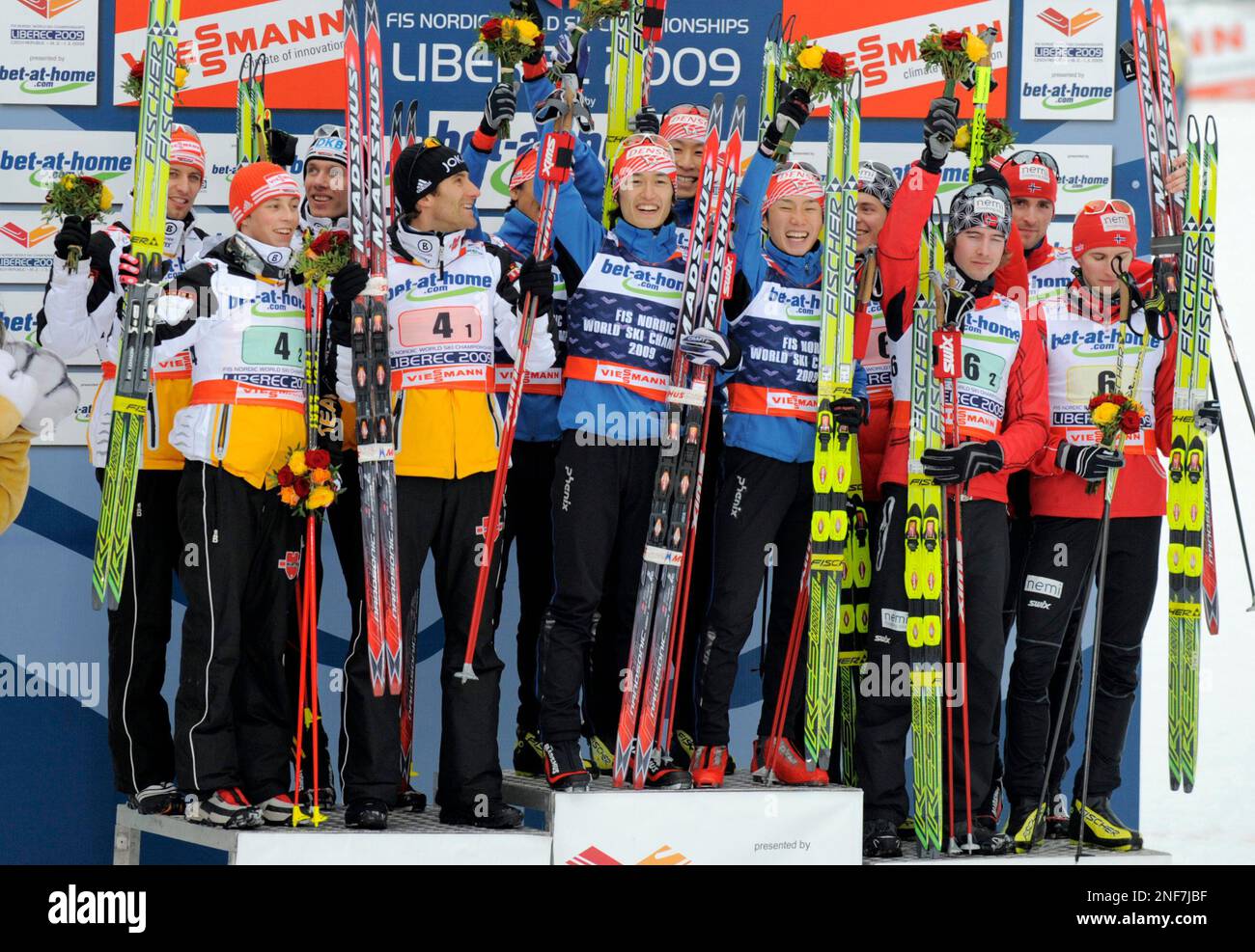 The medal winners, from left Germany, silver, Japan, gold and Norway ...
