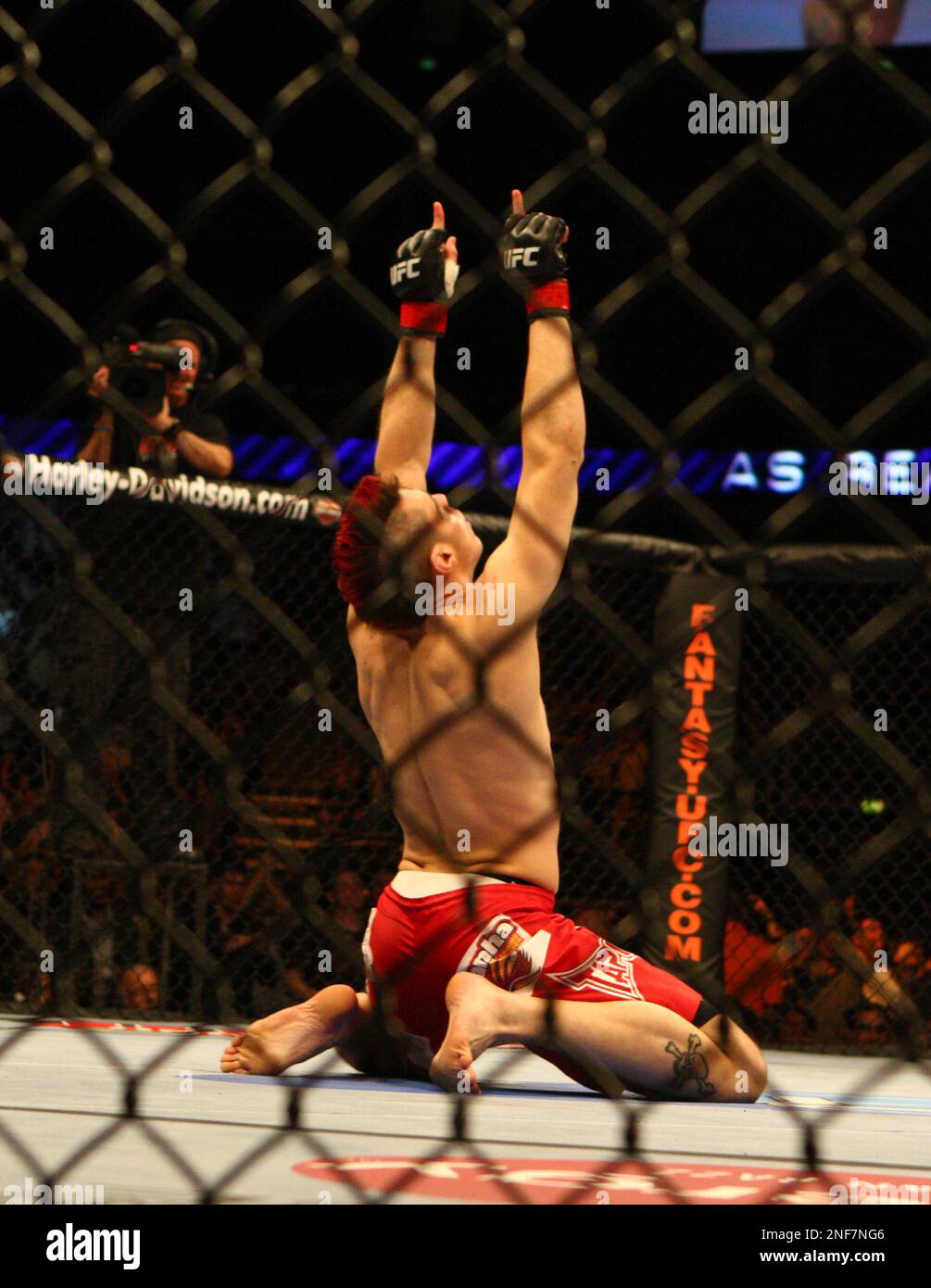 Dan Hardy celebrates a victory against Rory Markham during a ...