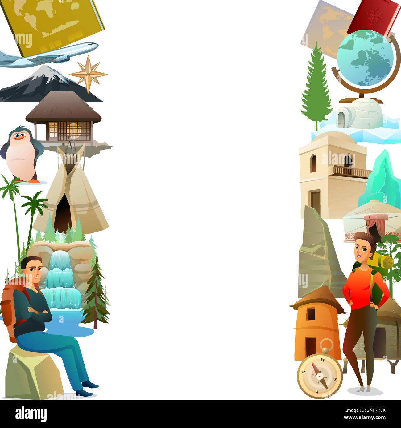 World geography. Frame vertically on both sides. Travel items and ...