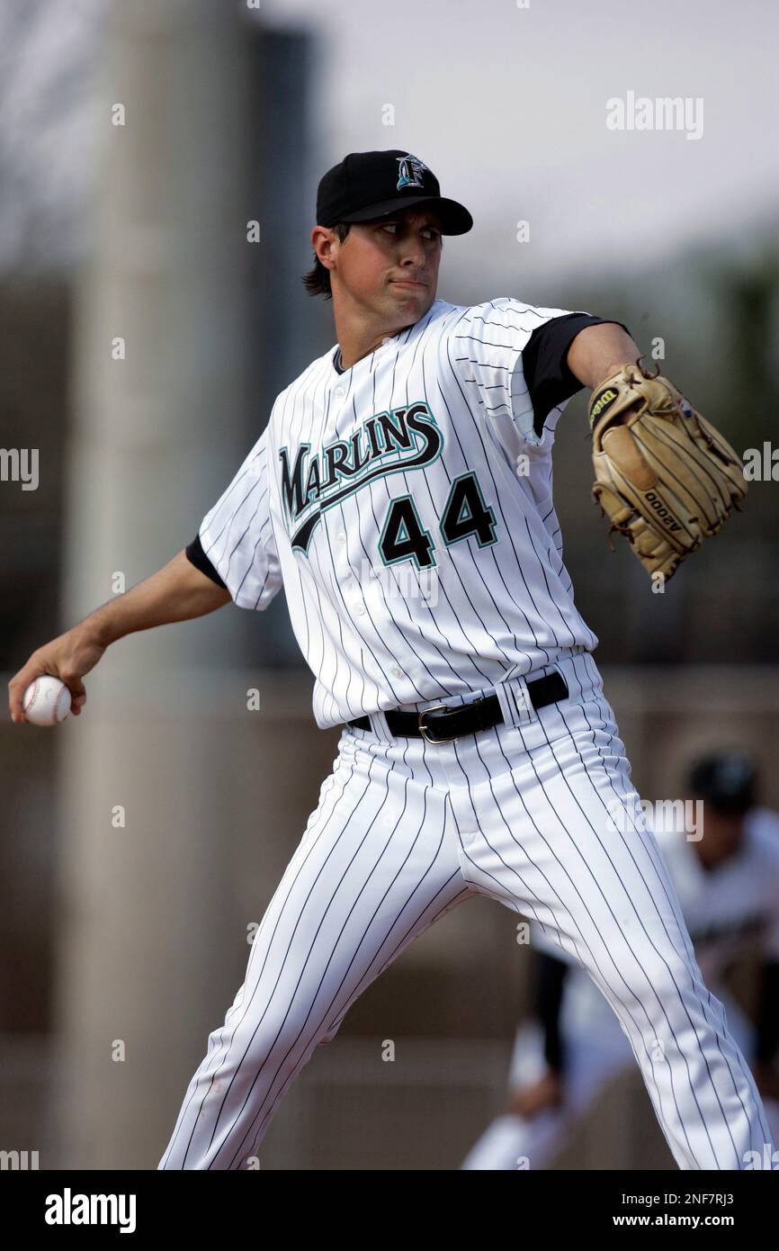 Florida Marlins pitcher Brian Sanches throws during spring training ...