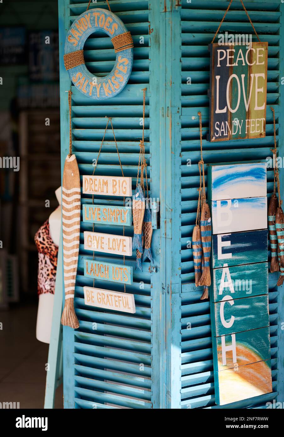 A store in beach with signs in Palma de Mallorca Stock Photo - Alamy