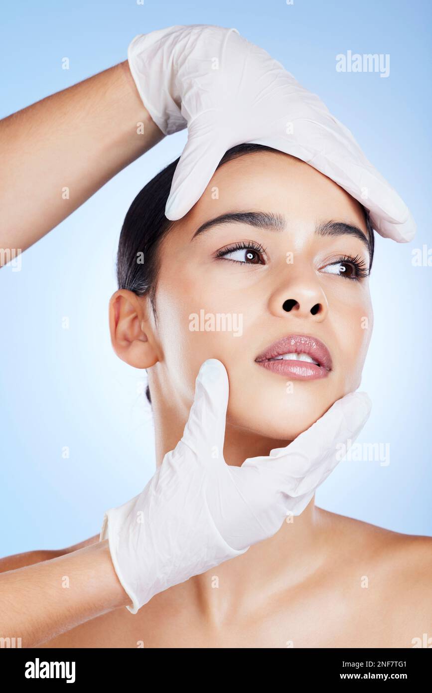 Plastic surgery, face and surgeon hands for beauty, filler and change ...