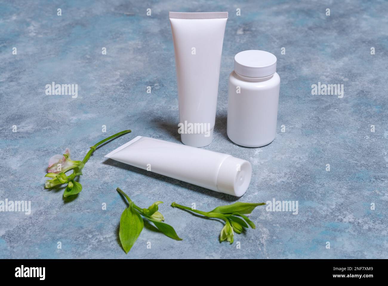 White tube for cream. Branding concept and roses. Tulips on a blue ...