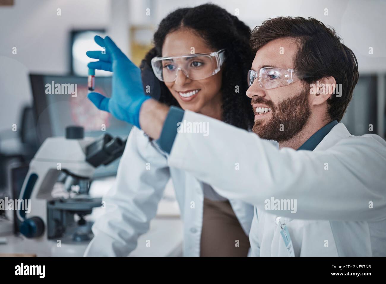 Teamwork, collaboration or blood test tube in laboratory research ...