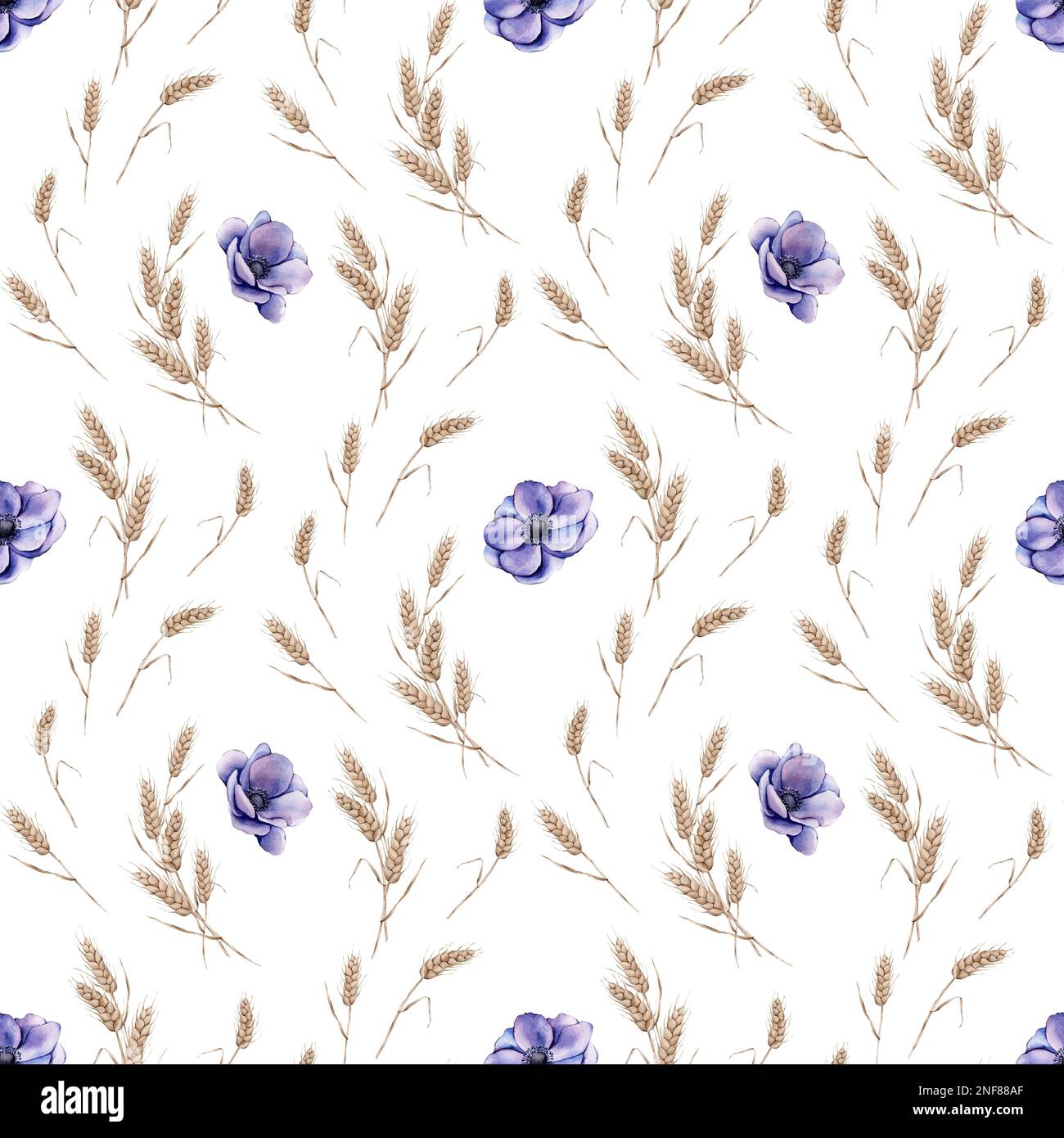 Seamless wheat spikelet pattern, purple anemones. Watercolor herbal ...