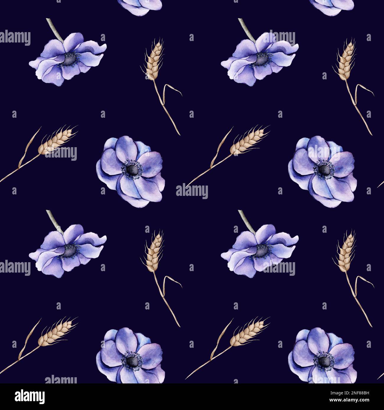 Seamless wheat spikelet pattern, purple anemones. Watercolor herbal ...
